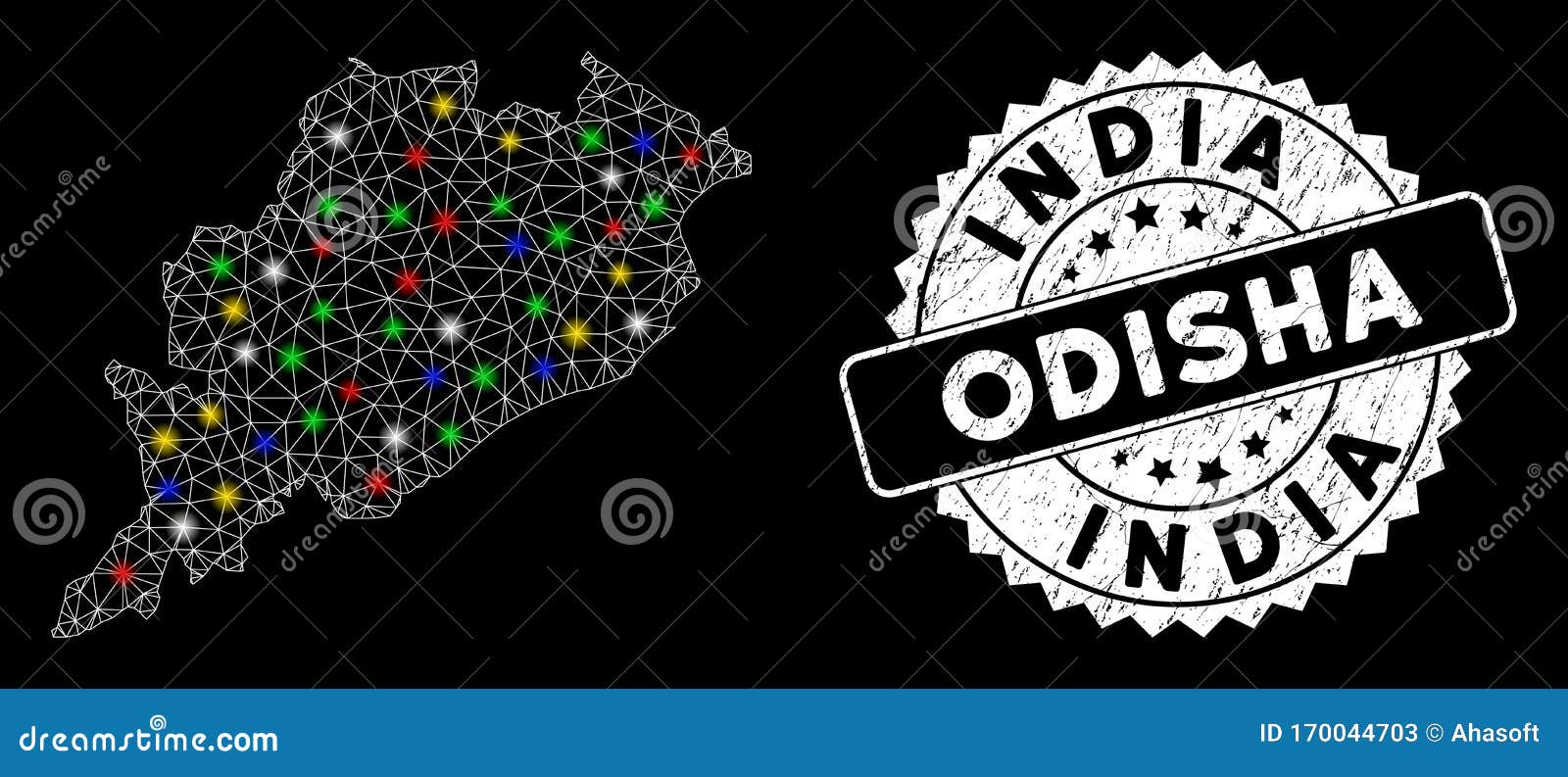 Bright Mesh 2D Odisha State Map with Flare Spots and Grungy Seal Stock ...