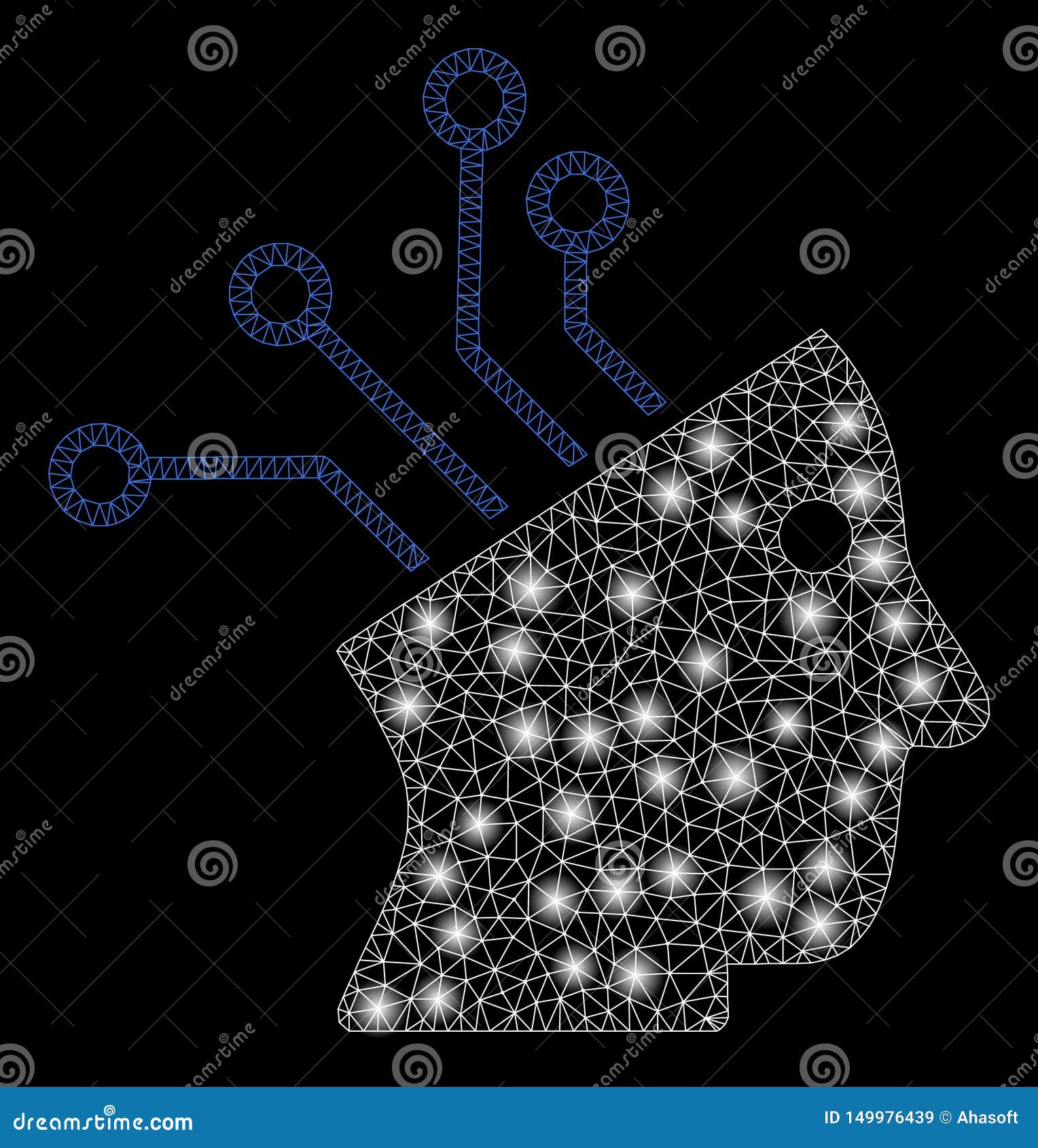 Bright Mesh Wire Frame Cyborg Brain Circuit with Light Spots Stock ...