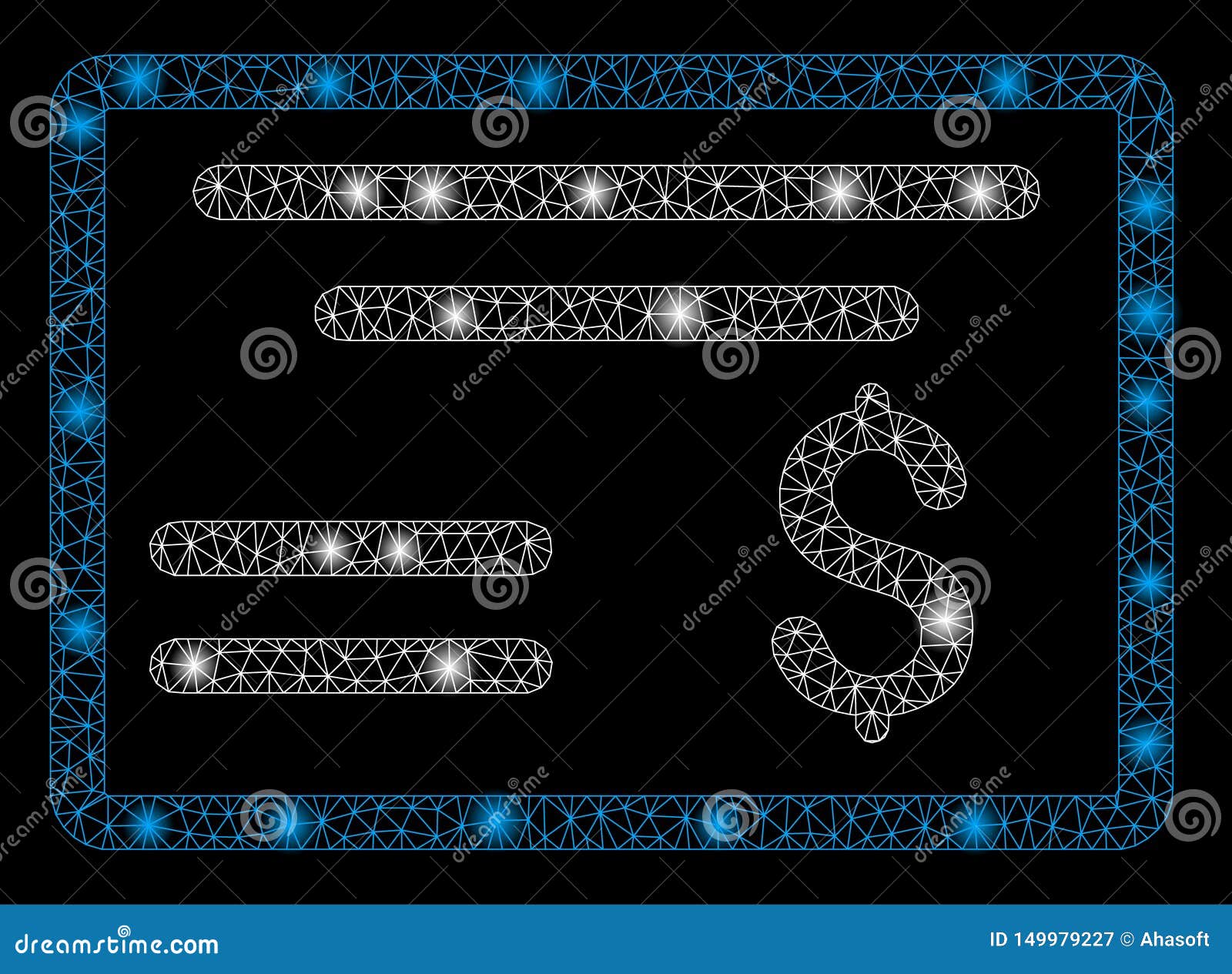 Bright Mesh Wire Frame Dollar Cheque with Flare Spots Stock Vector ...