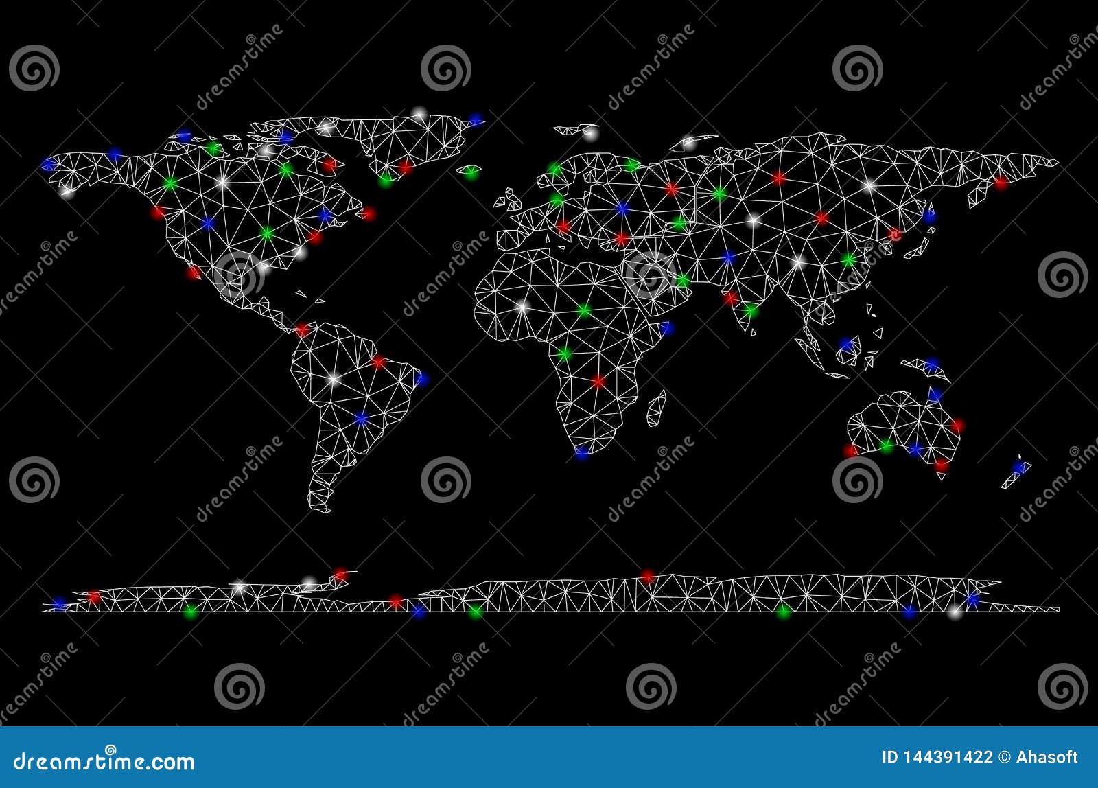 Bright Mesh Wire Frame World Continent Map with Light Spots Stock ...