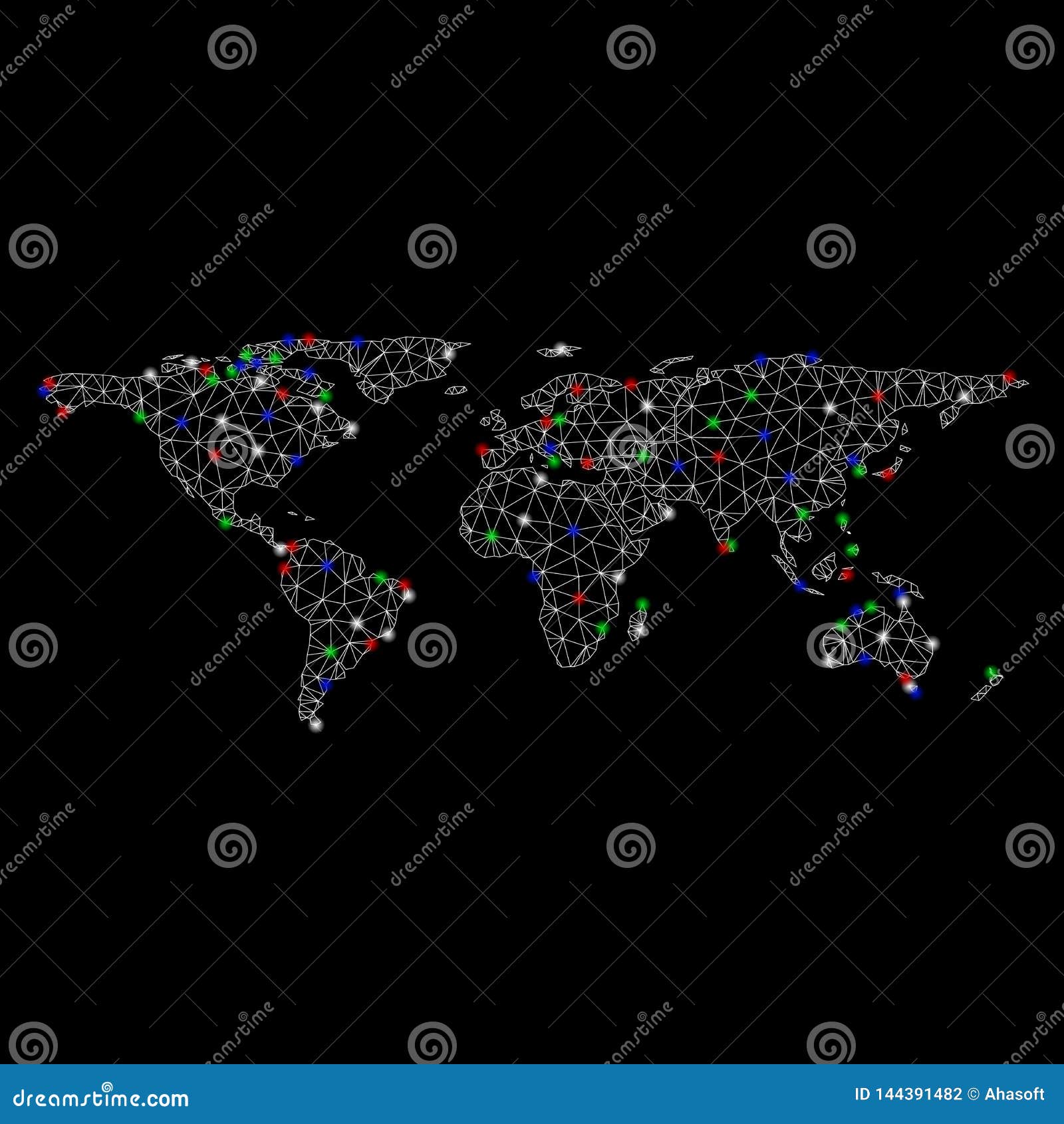 Bright Mesh Network World Map with Flash Spots Stock Vector ...