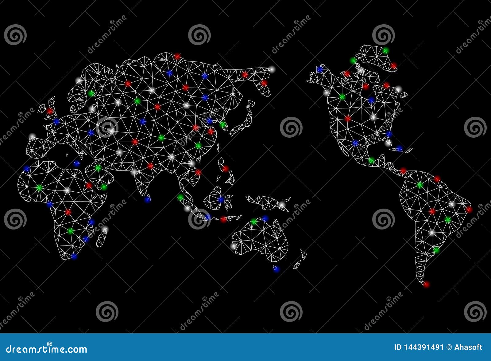 Bright Mesh Wire Frame Worldwide Map with Light Spots Stock Vector ...