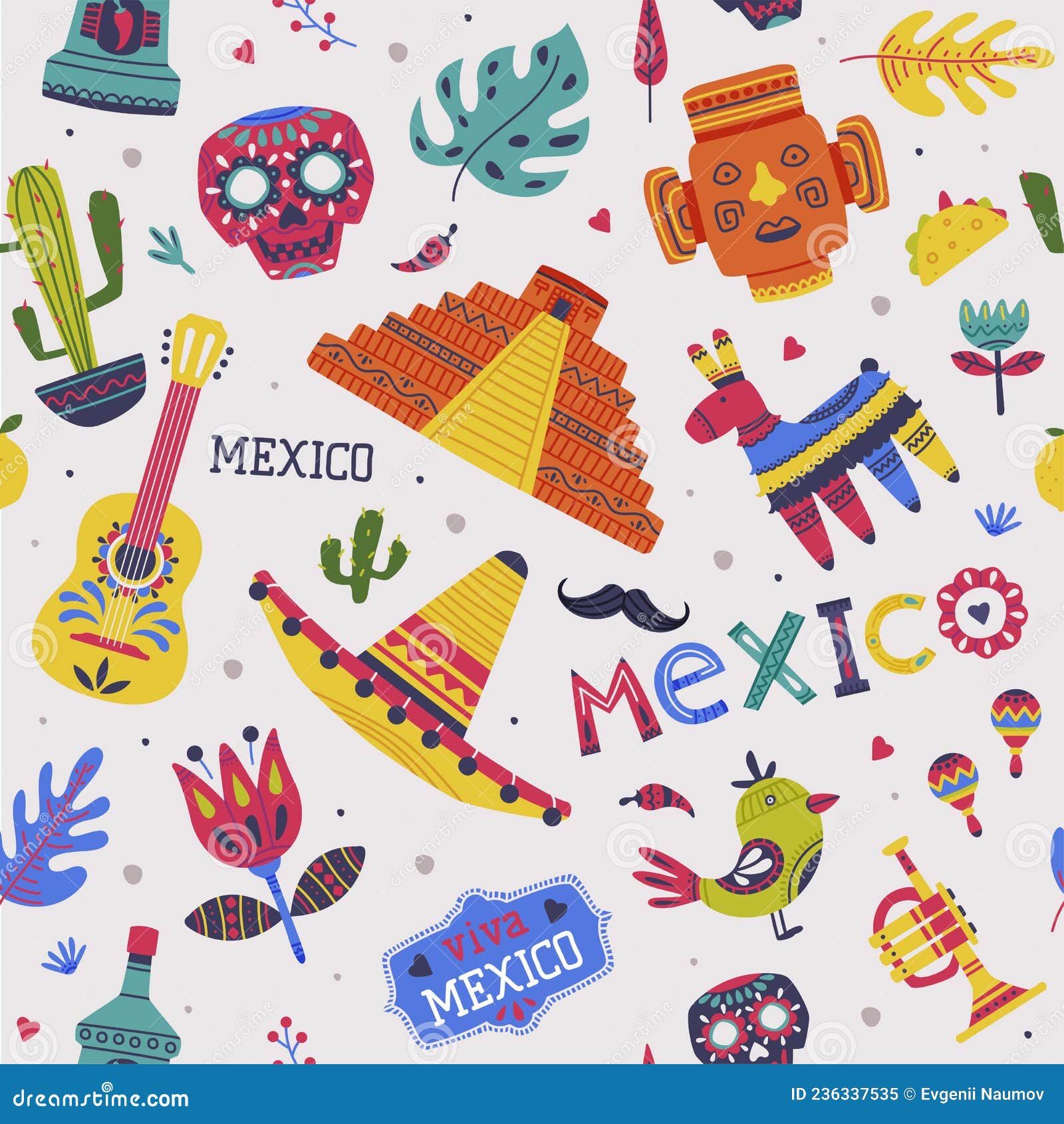 Bright Mexico Elements and Symbols Vector Seamless Pattern Template ...