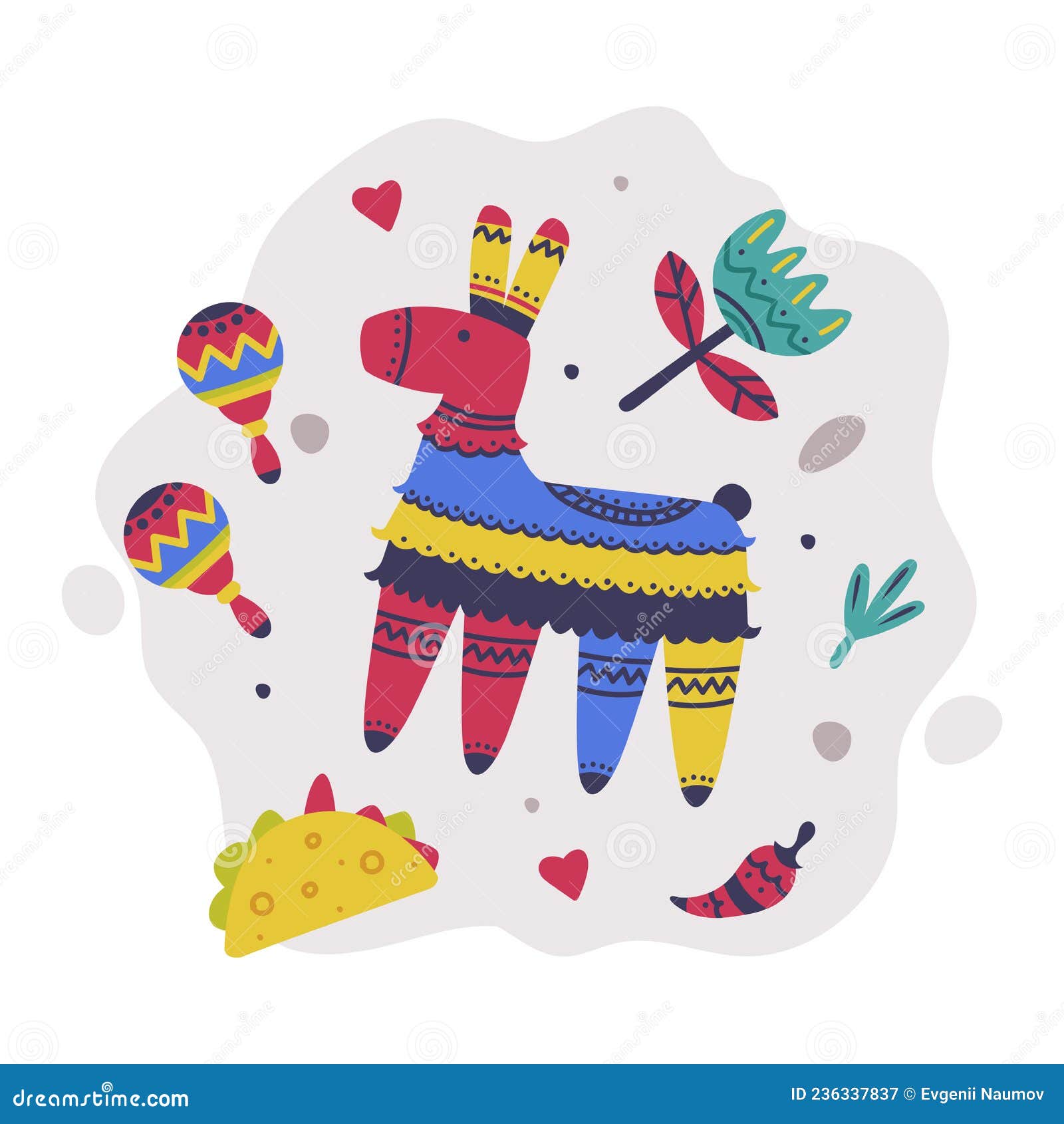 Bright Mexico Object with Flower, Maraca and Pinata Element Vector ...