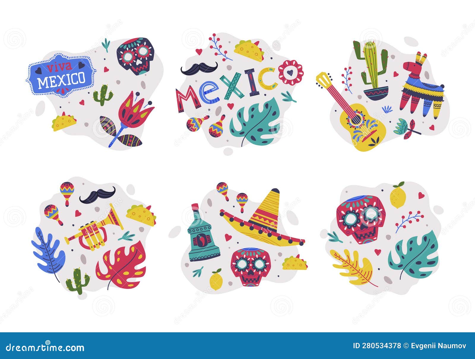 Bright Mexico Object with Guitar, Maraca, Skull and Pinata Element ...
