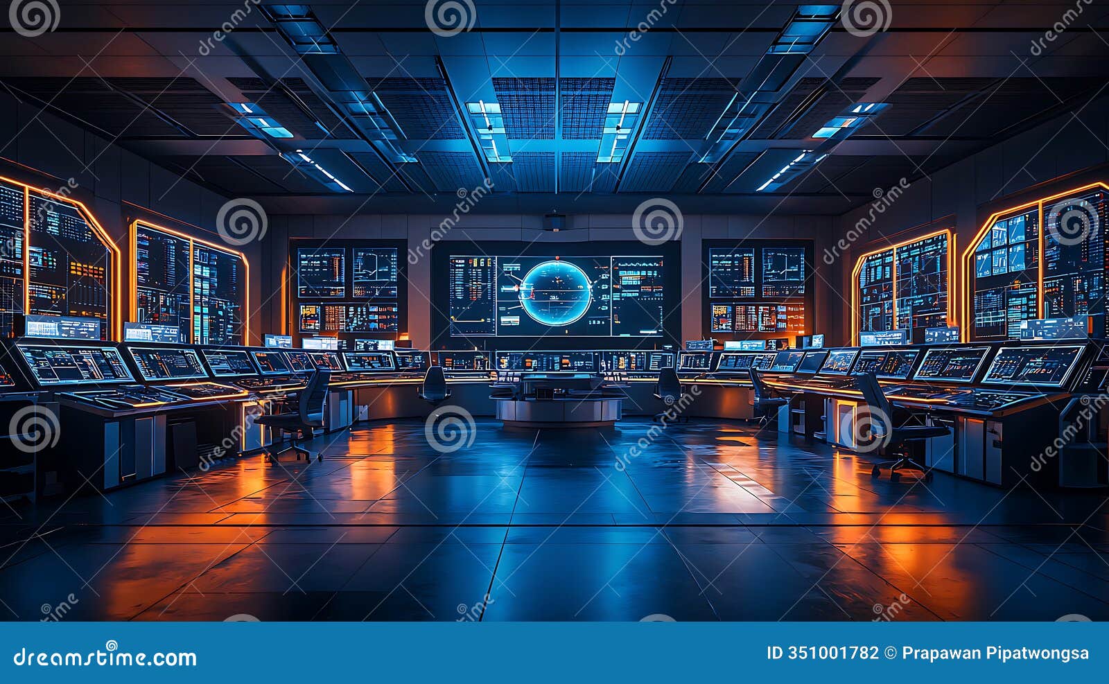 Bright Mission Control Center with Satellite Tracking Displays and ...