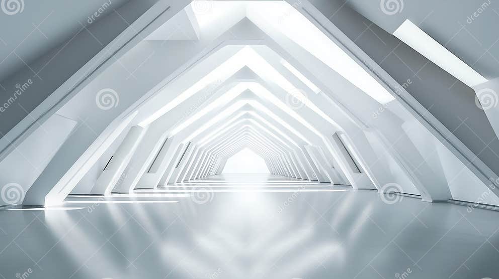 Bright, Modern Architectural Hallway with Triangular Beams and Glossy ...