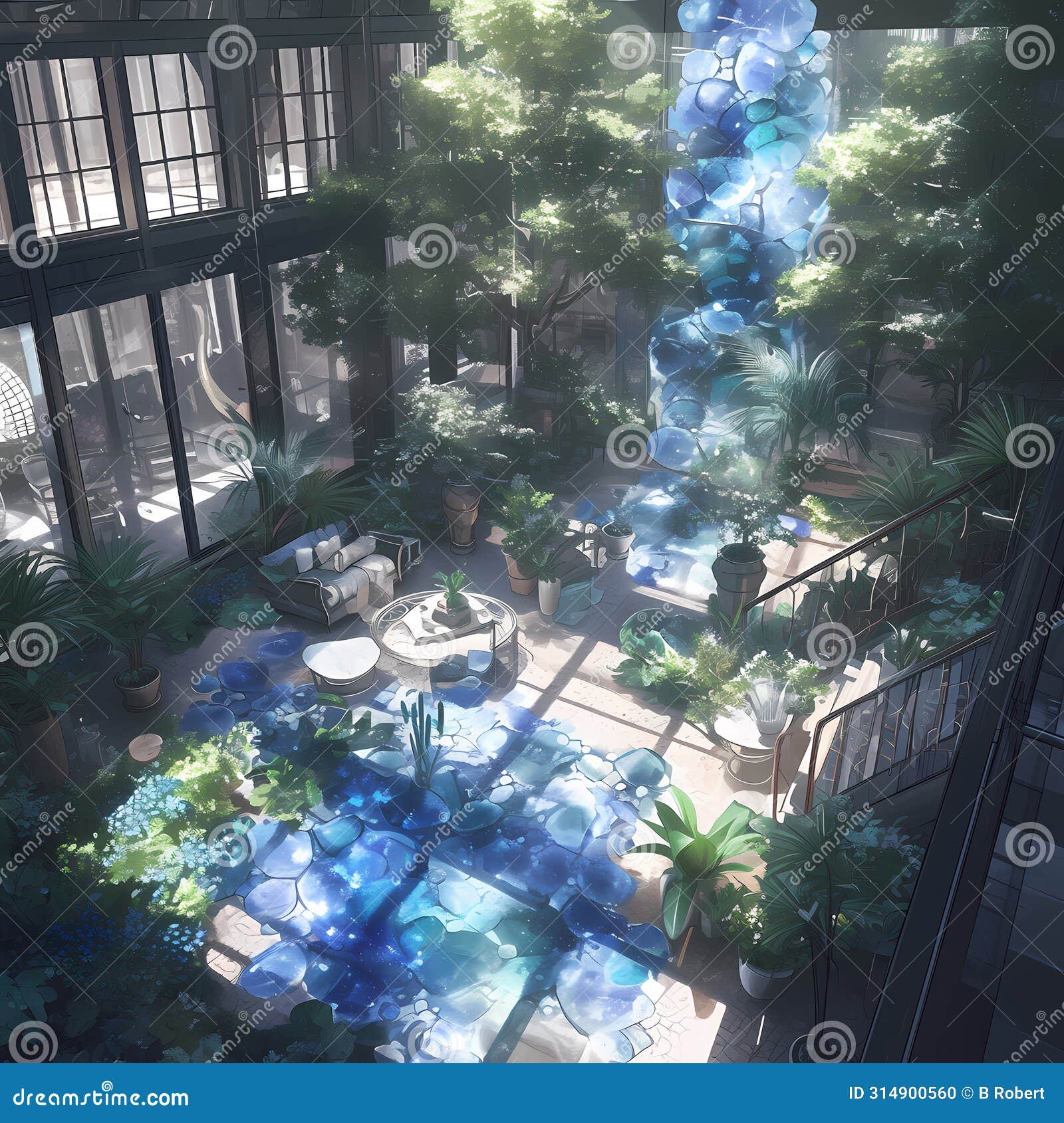 Bright, Modern Atrium with Water Feature and Plants Stock Illustration ...