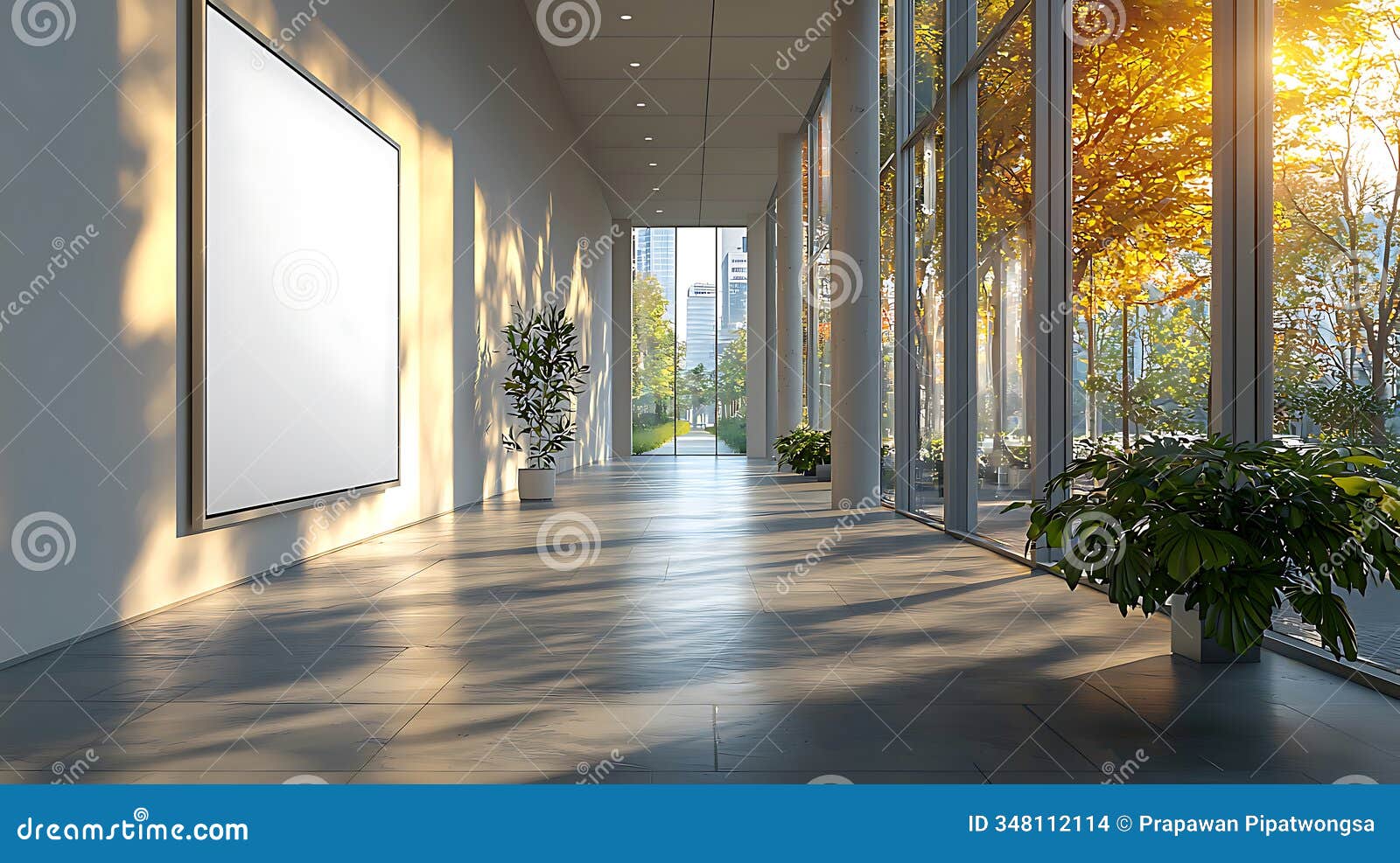 Bright, Modern Hallway with Large Windows and Blank Wall for Display ...