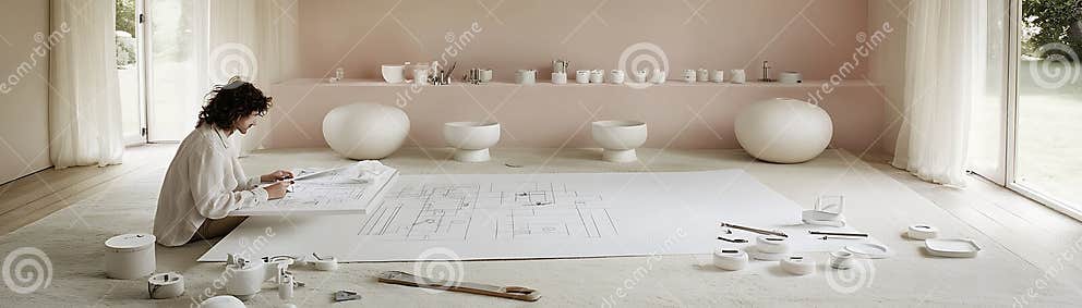 Interior Design Studio with White Decor Architect Working on Floor Plan ...