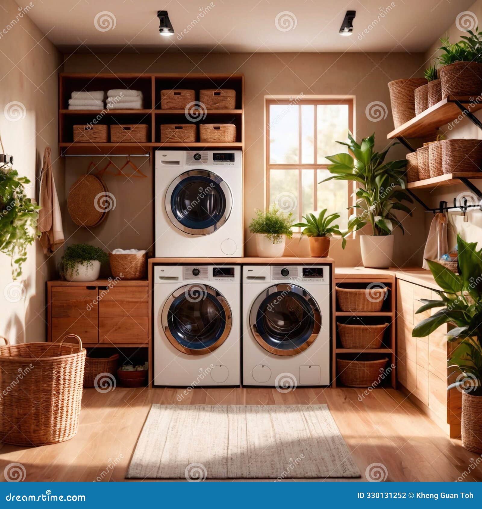 A Bright, Modern Laundry Room Featuring a Pair of Front-loading Washing ...