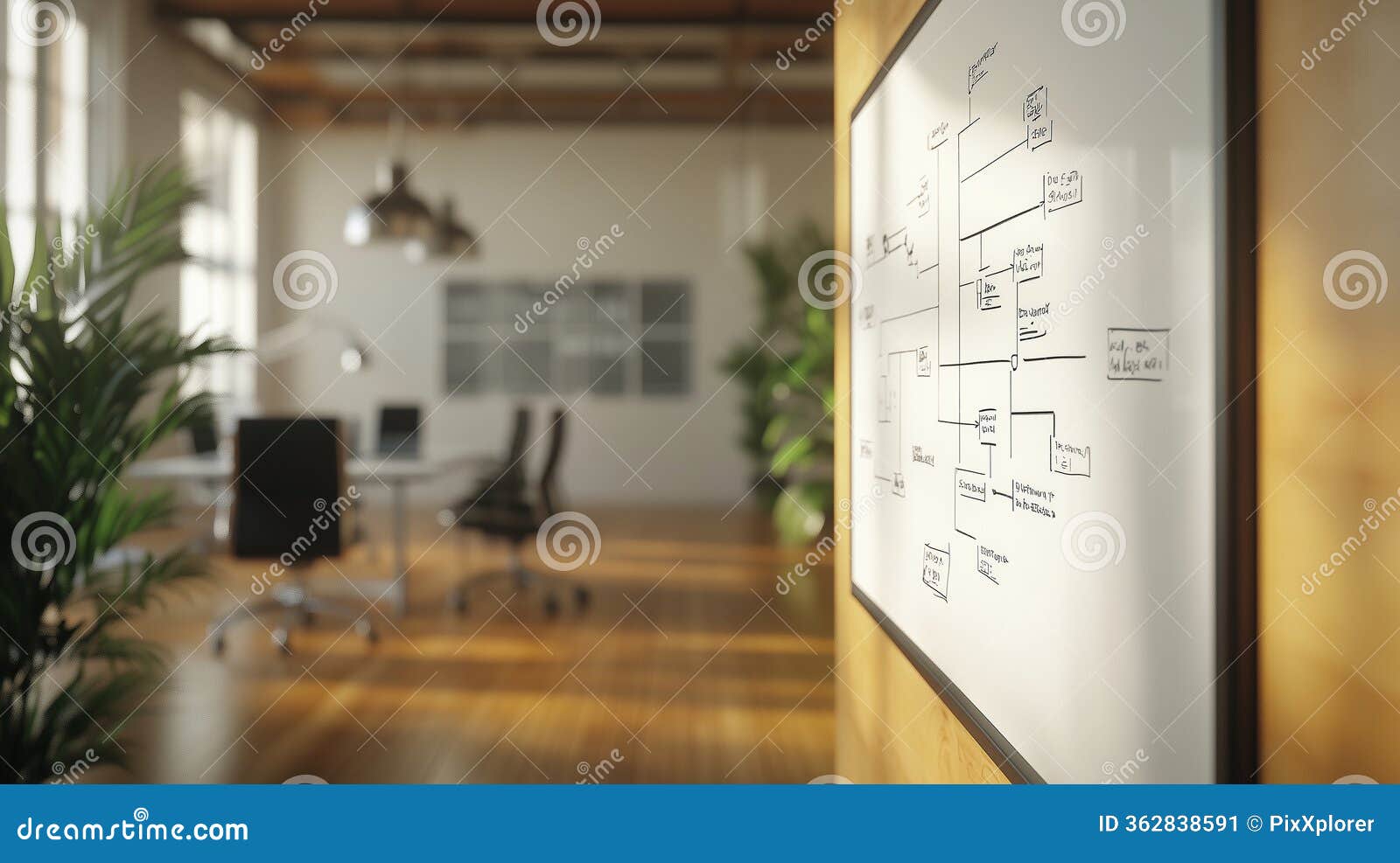 A Bright, Modern Office Space Features a Whiteboard with a Flowchart on ...