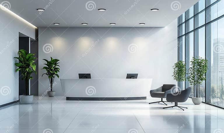 Bright Modern Reception with White Surfaces, Greenery, and Panoramic ...