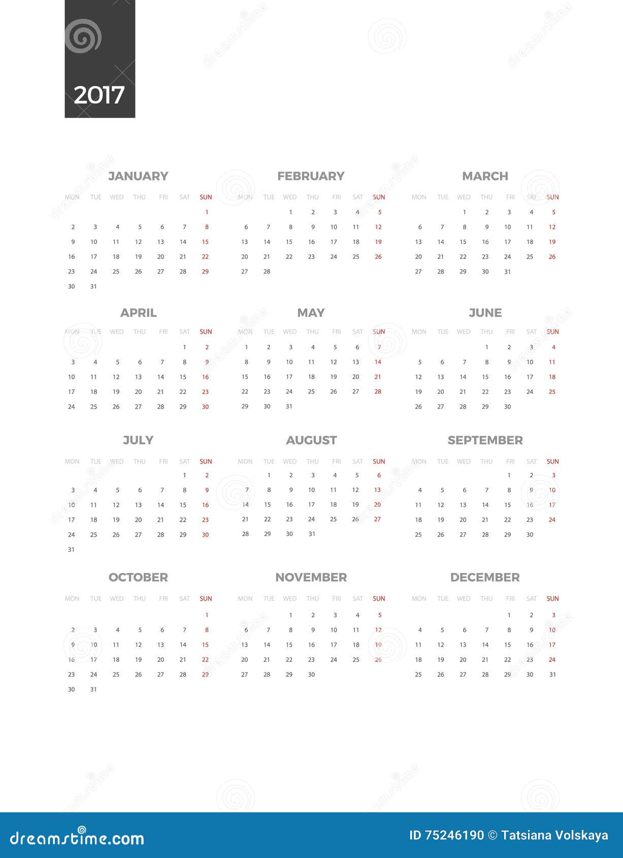 Bright Modern White Vertical Calendar for 2017. Week Starts Monday ...