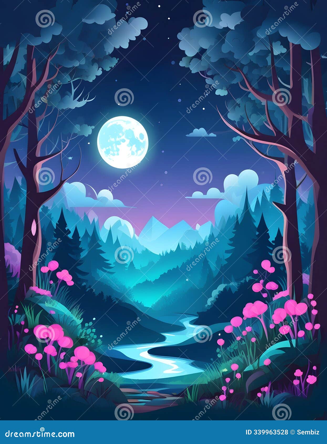 Bright Moon Shining through the Treetops of a Magical Dark Forest Stock ...