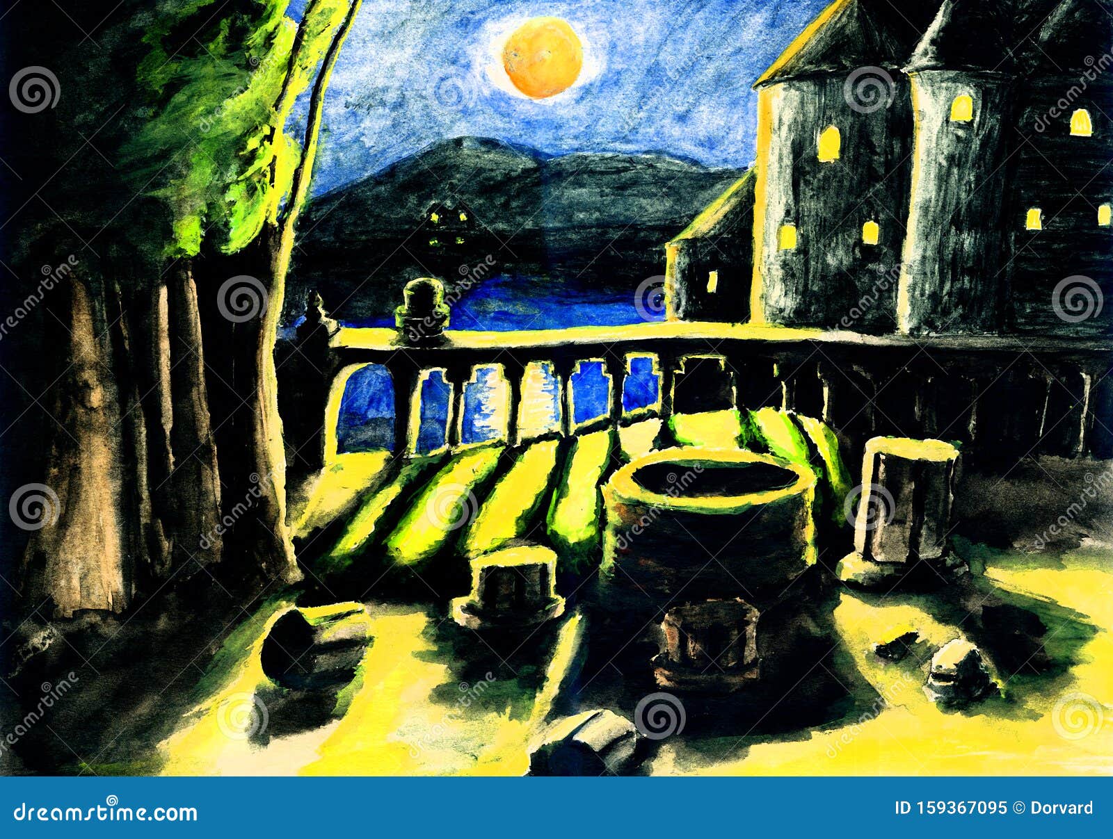 Moonlight Night Full Moon. Mystical Sky Realistic Clouds. And Stars ...