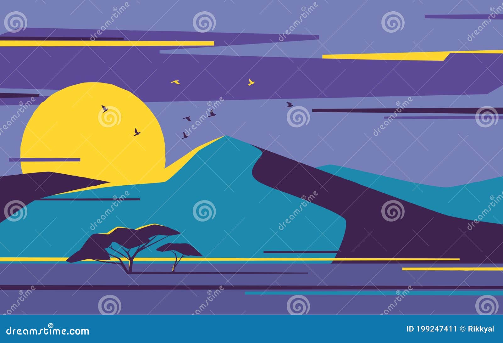 Bright Moonrise Over the Desert Sand Dunes. Vector Illustration Stock ...