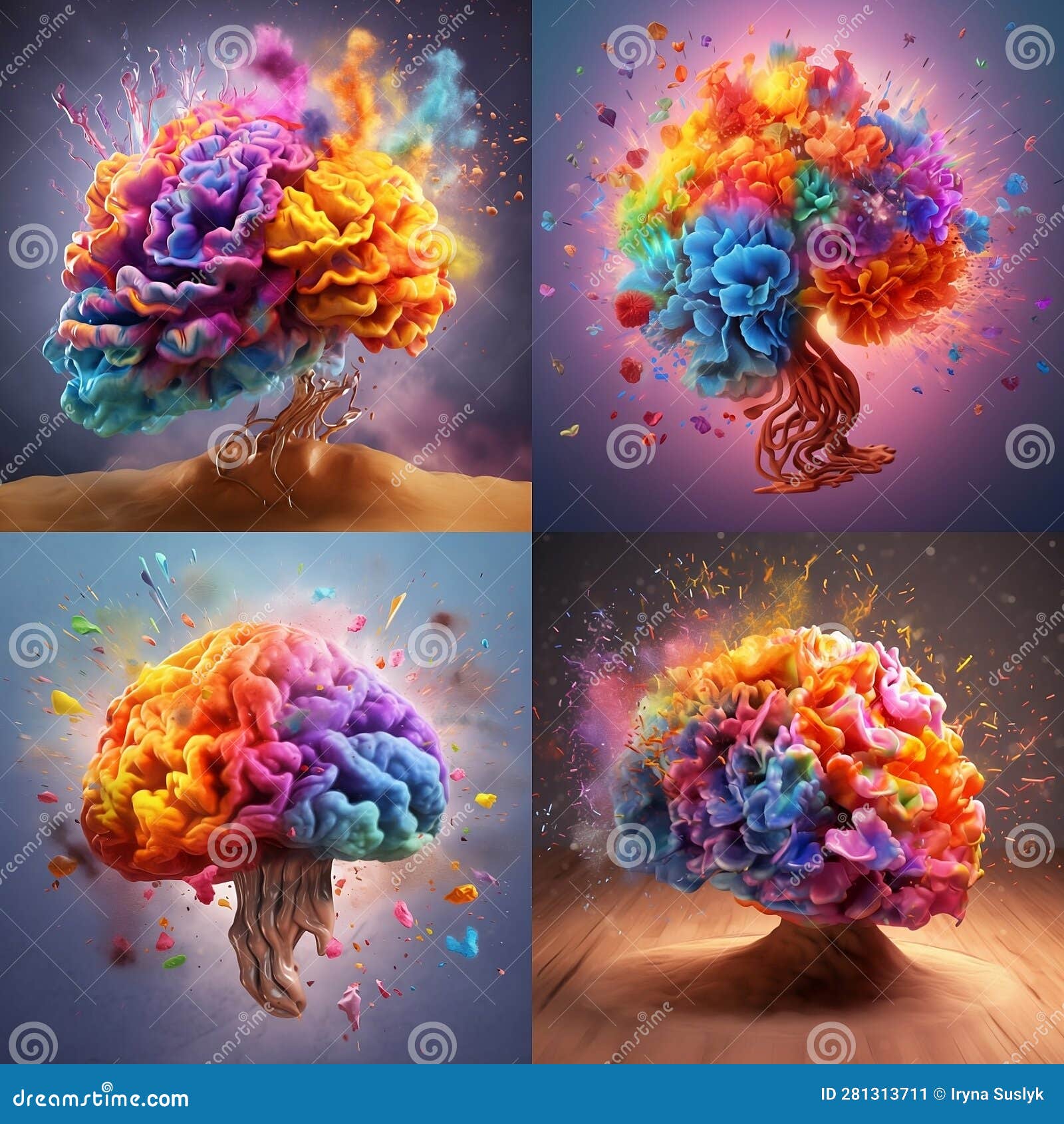 Bright Multi-colored Collage of Four Different Human Creative Brains ...