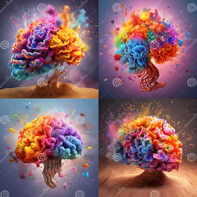 Bright Multi-colored Collage of Four Different Human Creative Brains ...
