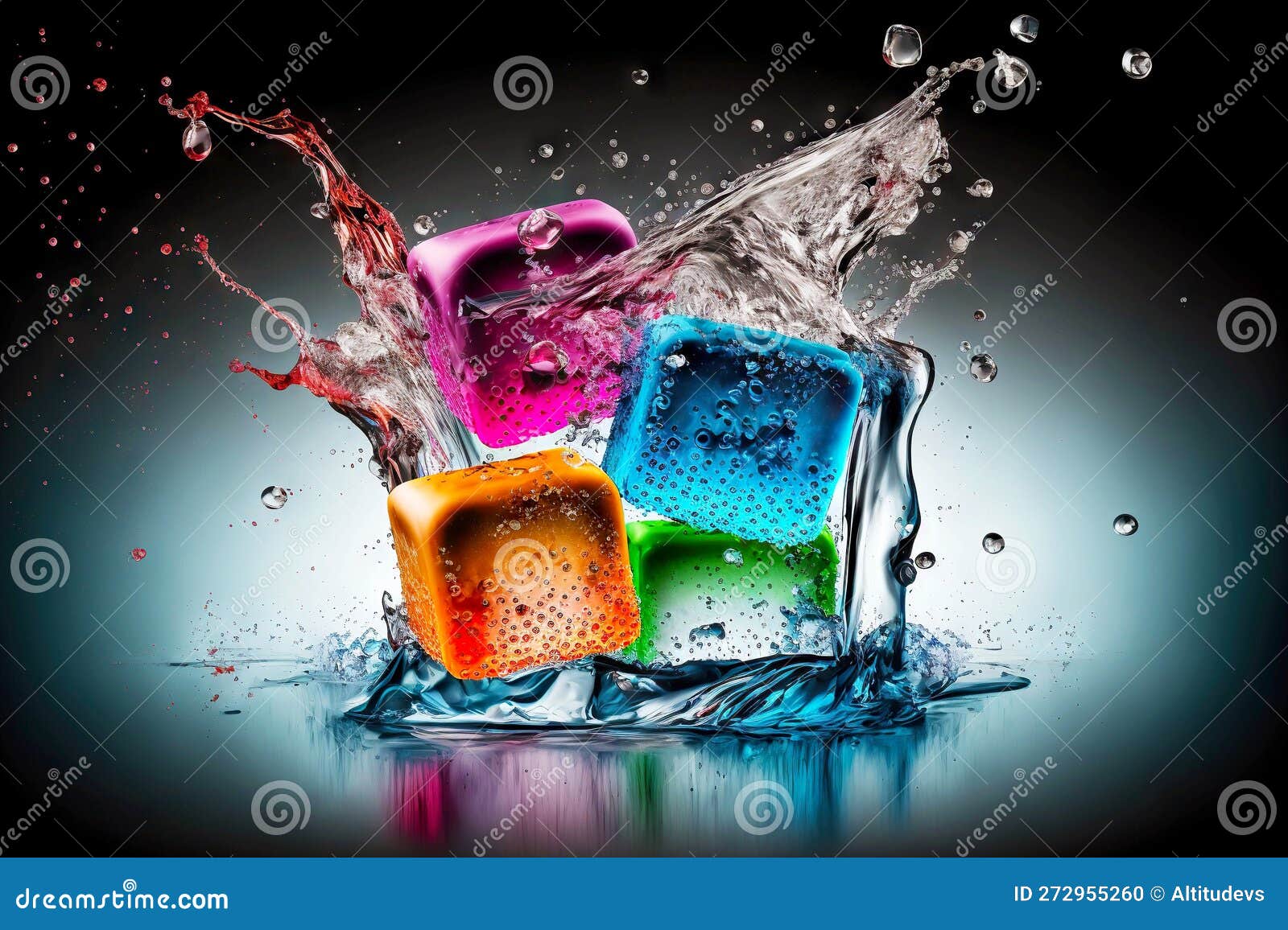 Bright Multi-colored Ice Cubes Fall into Water and Splashes Scatter ...