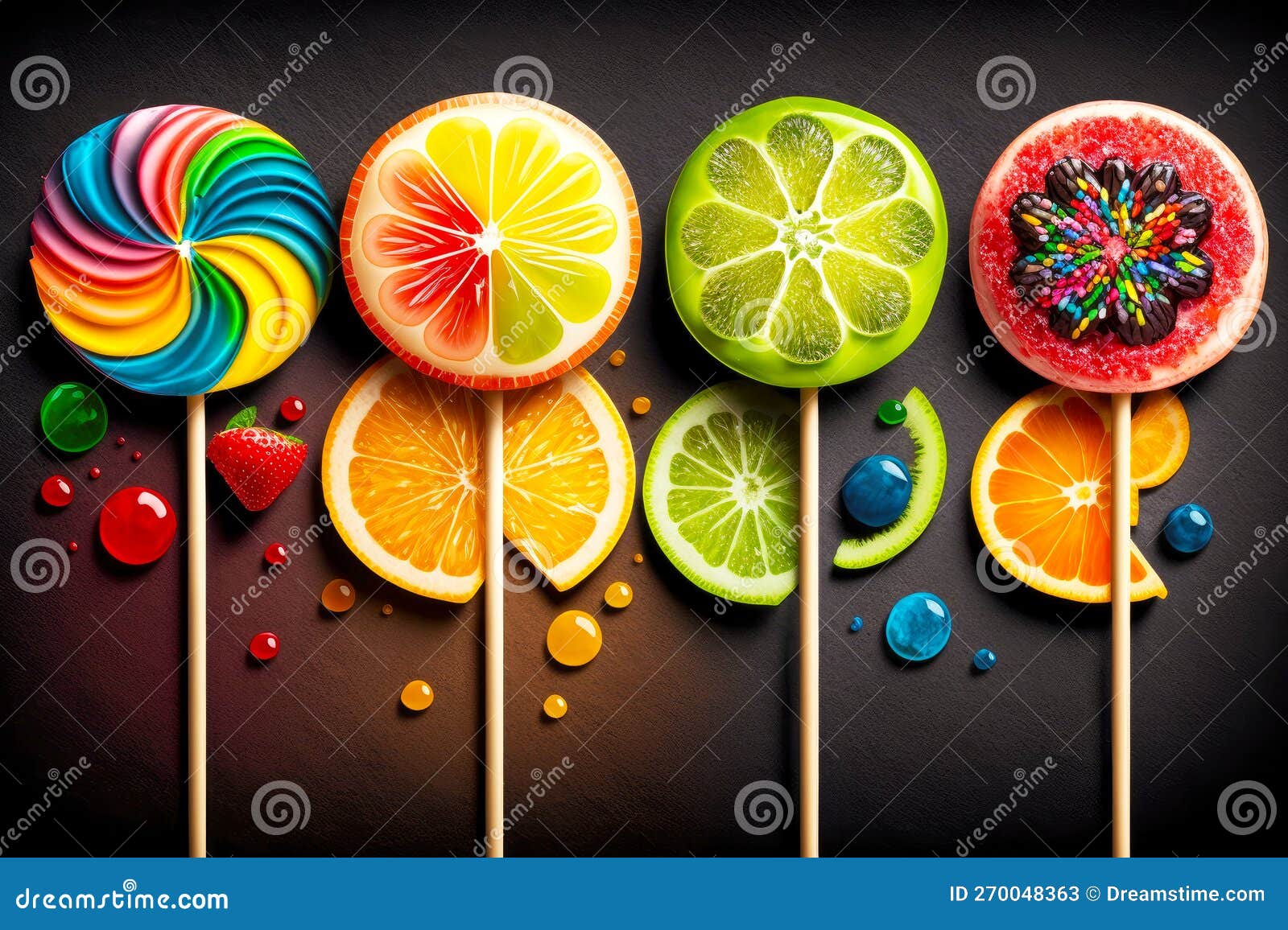 Bright Multi-colored Lollipops Decorated with Different Fruit Shapes ...