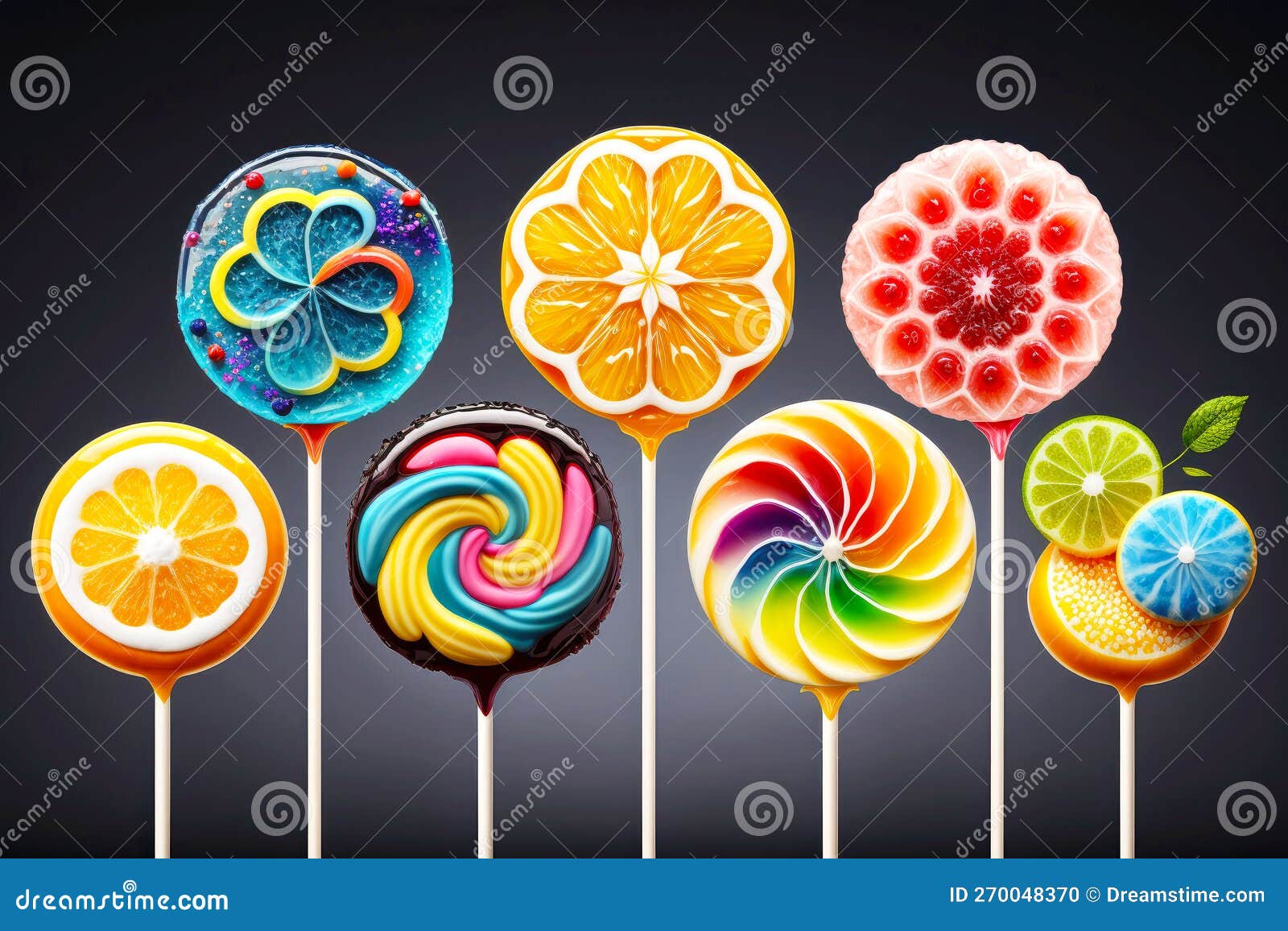 Bright Multi-colored Lollipops Decorated with Different Fruit Shapes ...