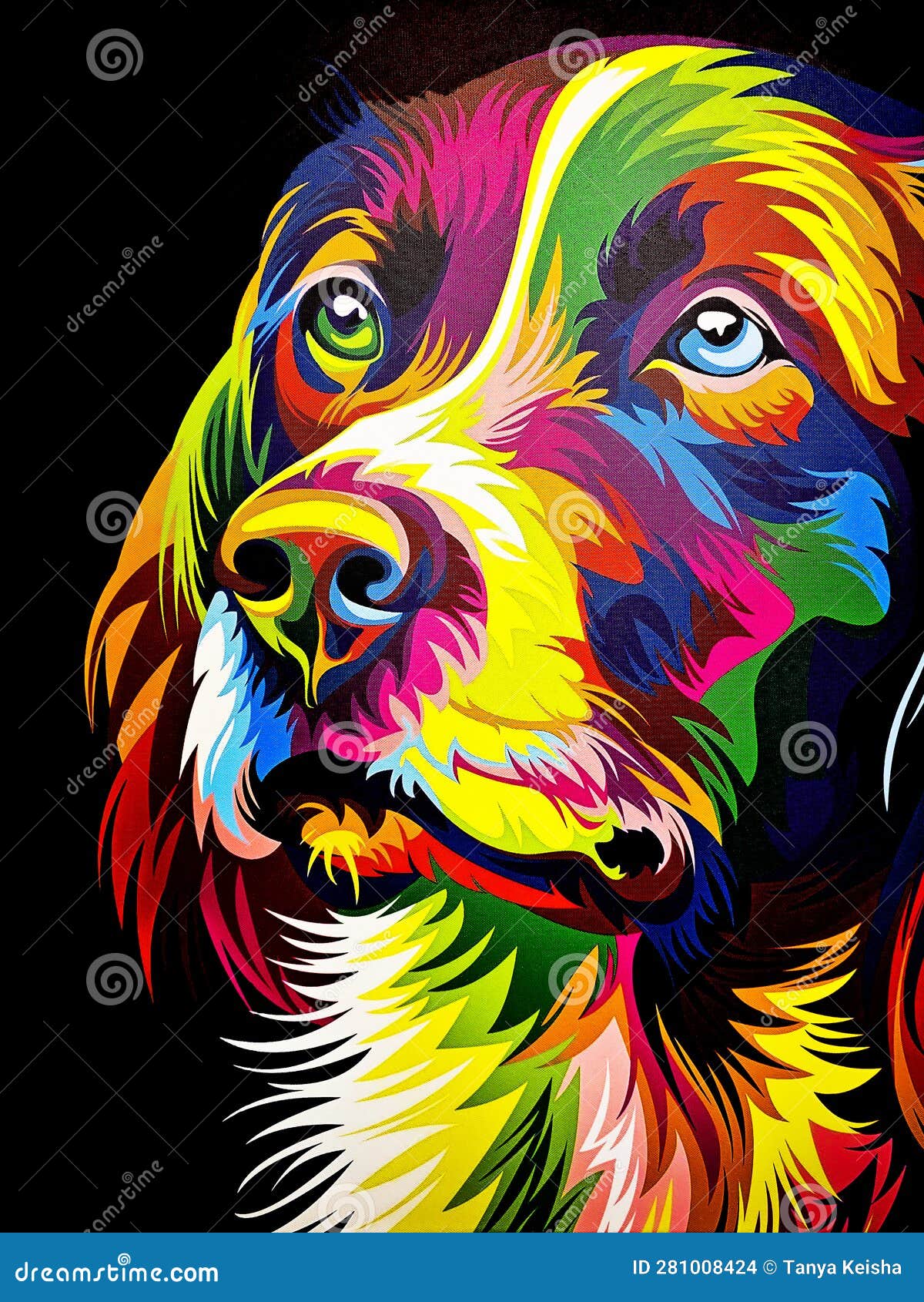 Bright Multi-colored Print of a Cute Dog Muzzle on Textiles. Stock ...