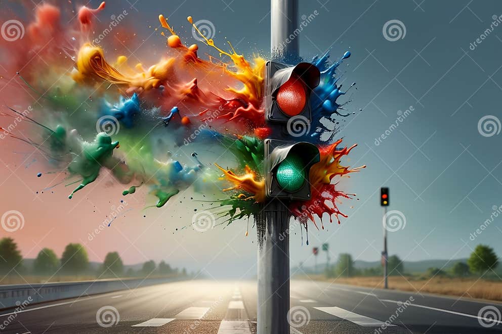 Bright Multi-colored Traffic Light on a Pole Stock Photo - Image of ...