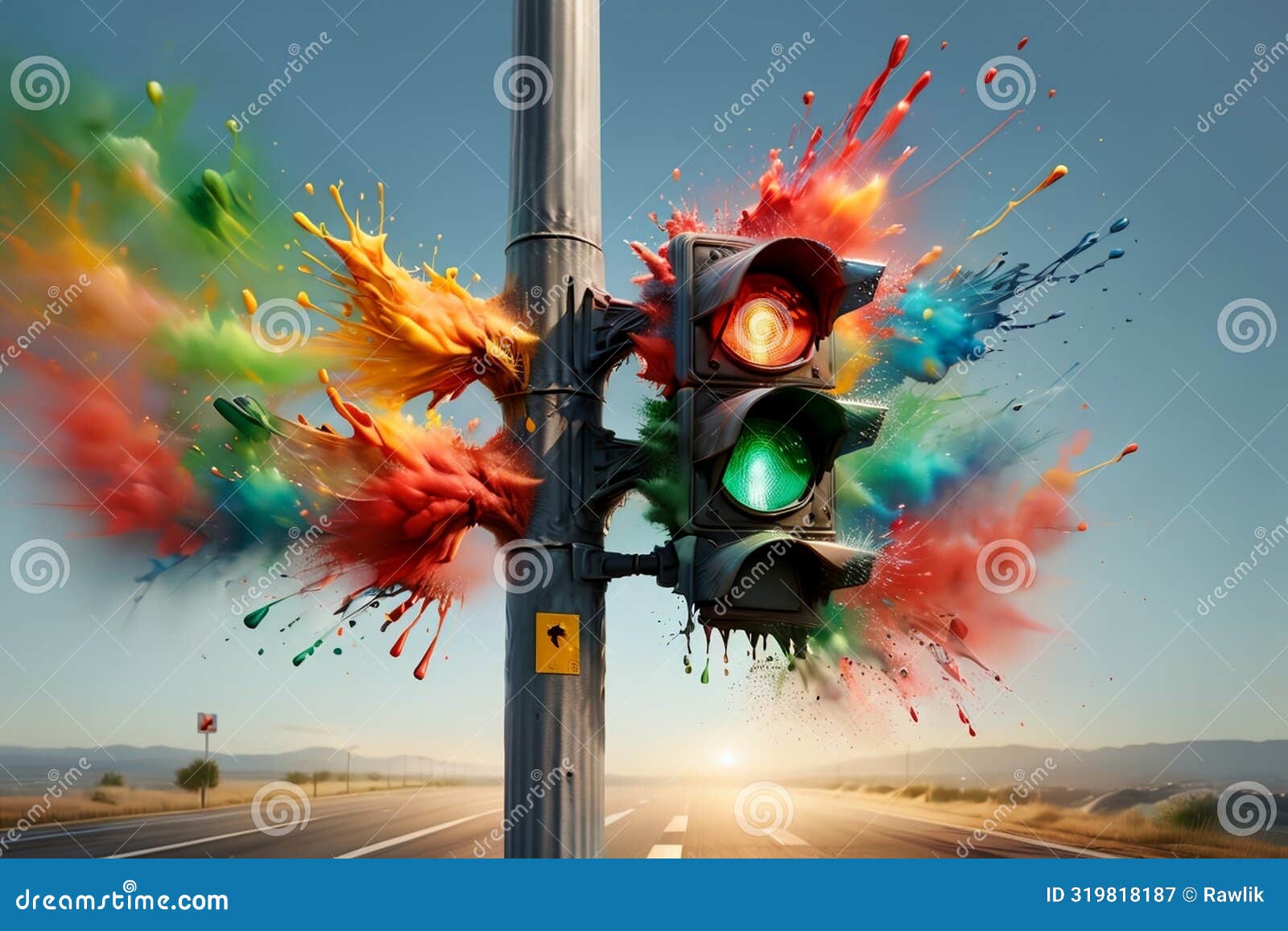 Bright Multi-colored Traffic Light on a Pole Stock Image - Image of ...