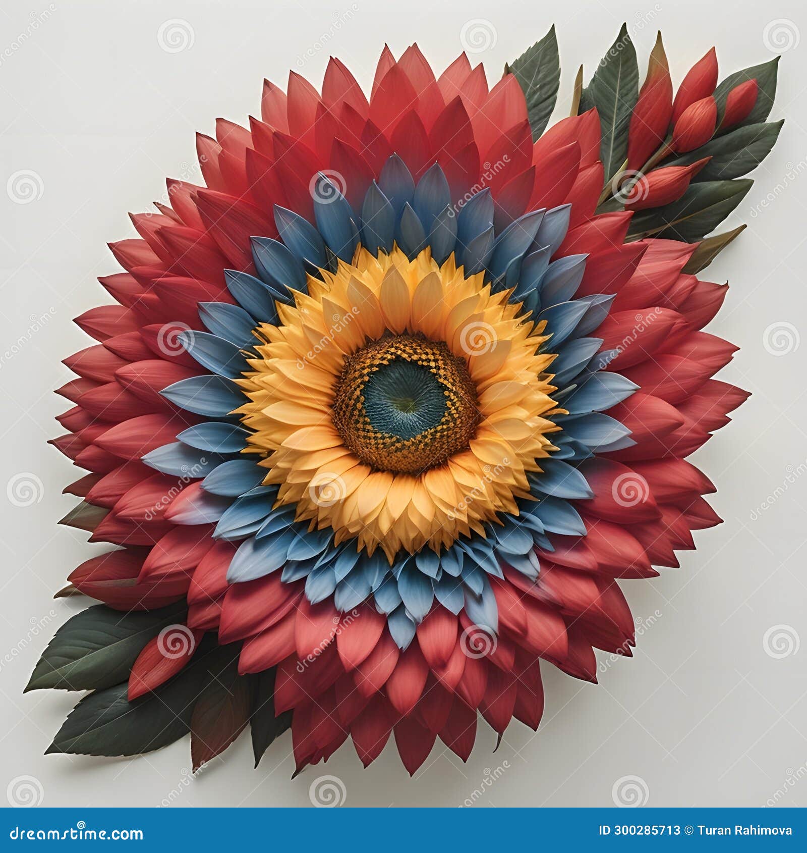 Bright Multicolor Sunflower with Leaves on a White Background ...