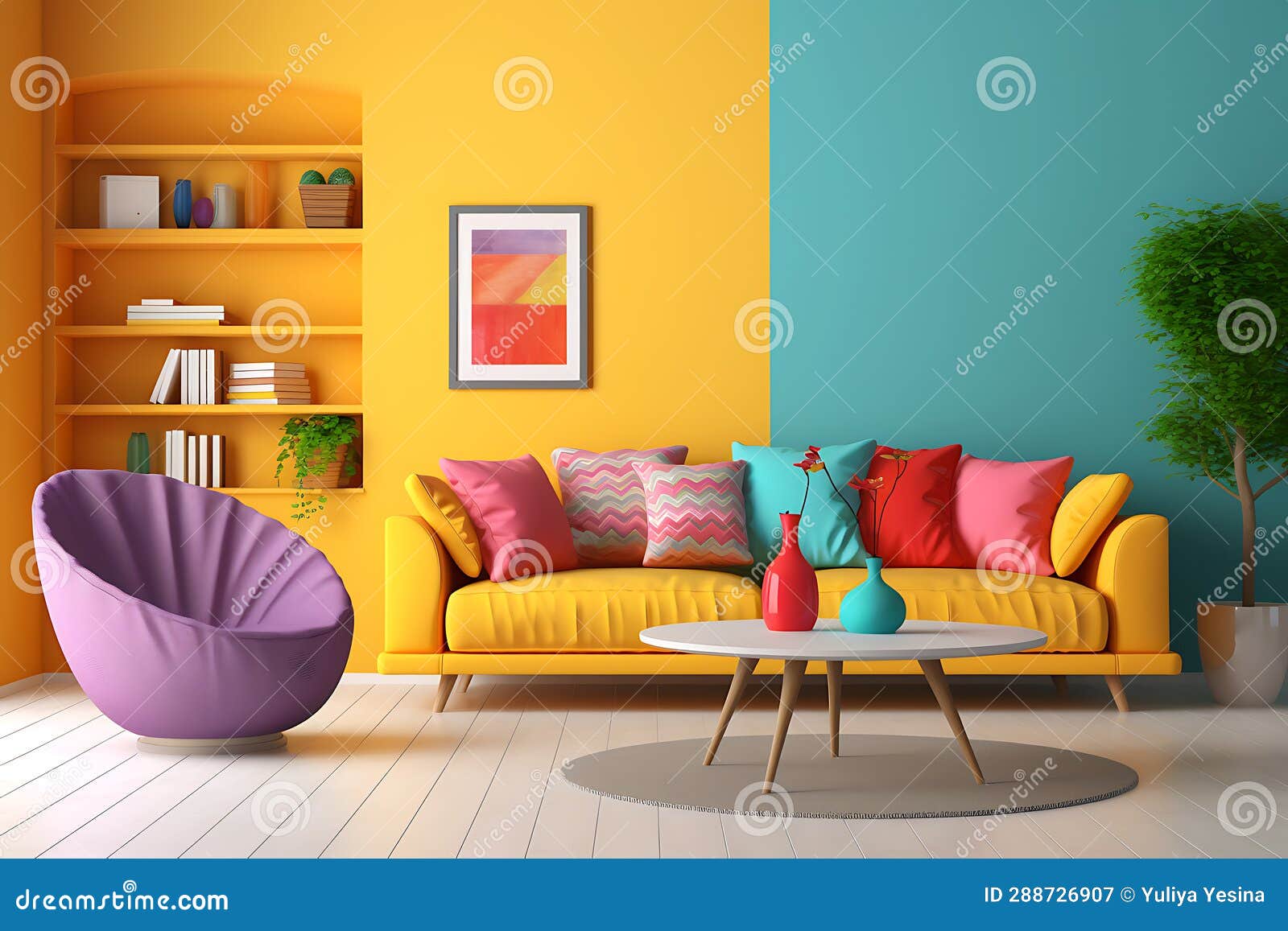 Bright Multicolored Modern Living Room Interior with Sofa, Armchair and ...