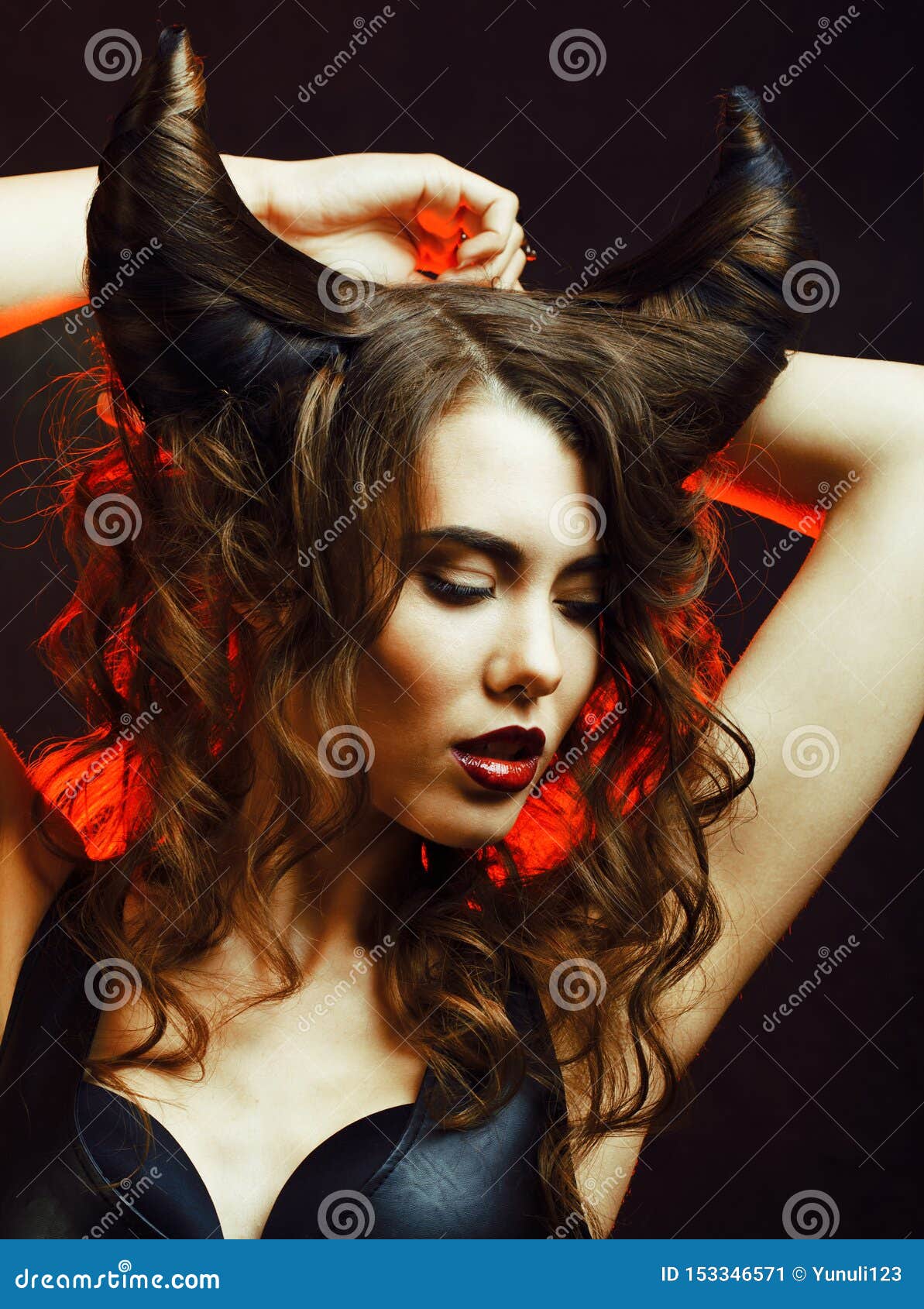 Bright Mysterious Woman with Horn Hair, Halloween Celebration Stock ... Bright Mysterious Woman with Horn Hair, Halloween Celebration Stock ...