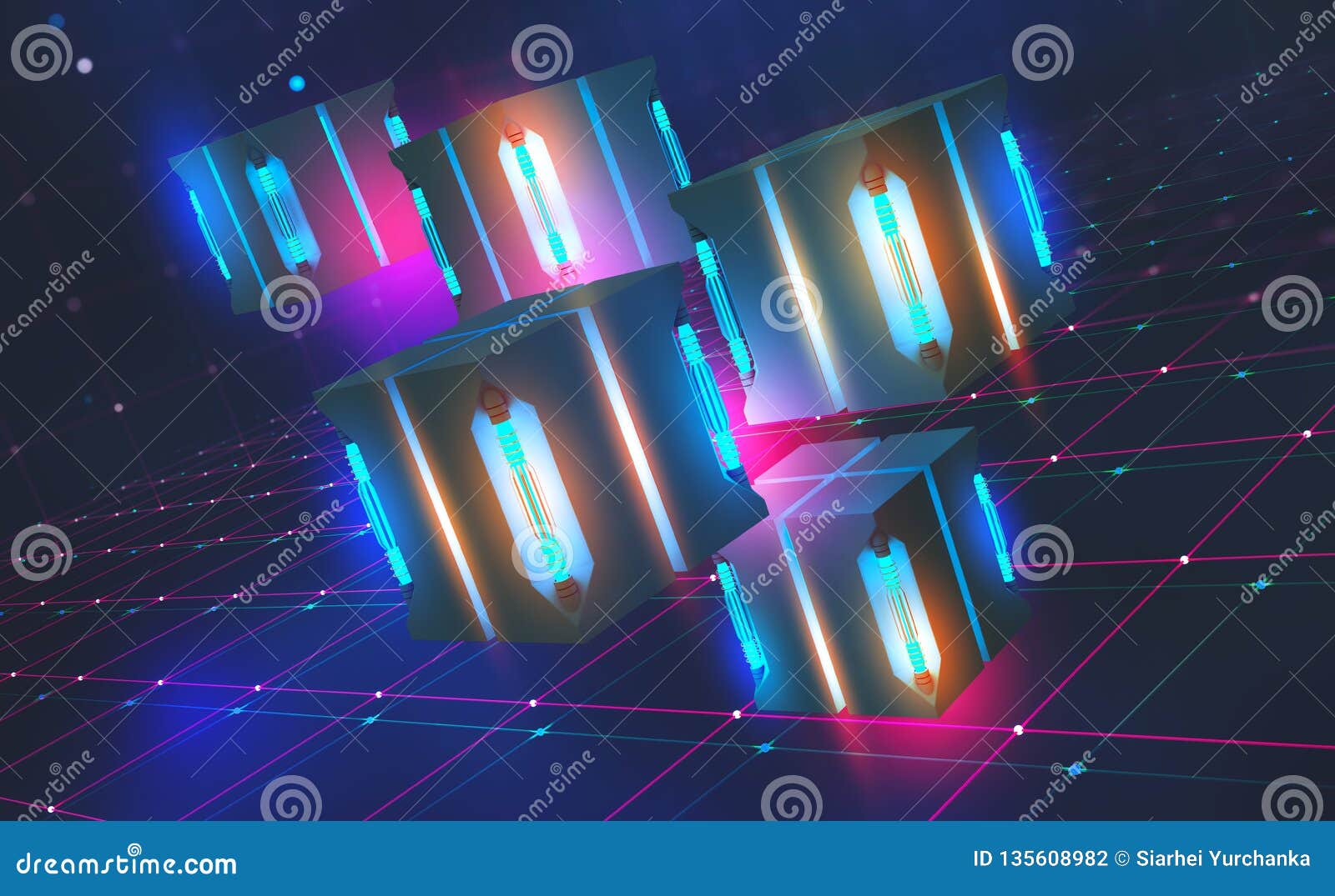 Bright Neon Light. Quantum Processor Concept. Blockchain Technology in ...