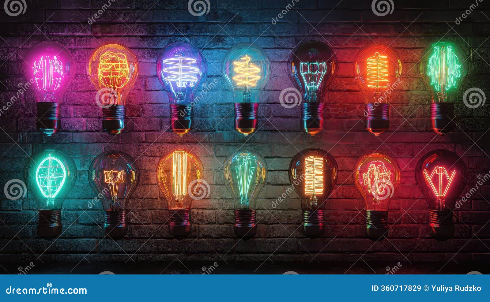 Bright Neon Lightbulb Display Symbolizing Innovation and Bright Ideas ...