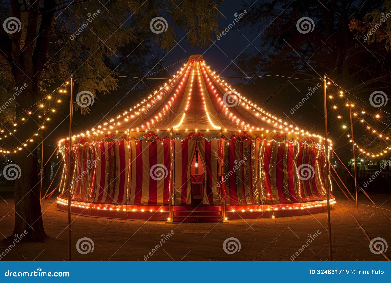 Bright Night Circus Tent Illuminated with String Lights in Park Stock ...
