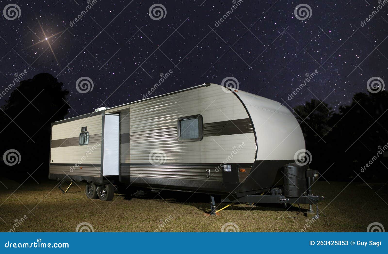Bright Object in the Night Sky Above a Trailer Stock Image - Image of ...