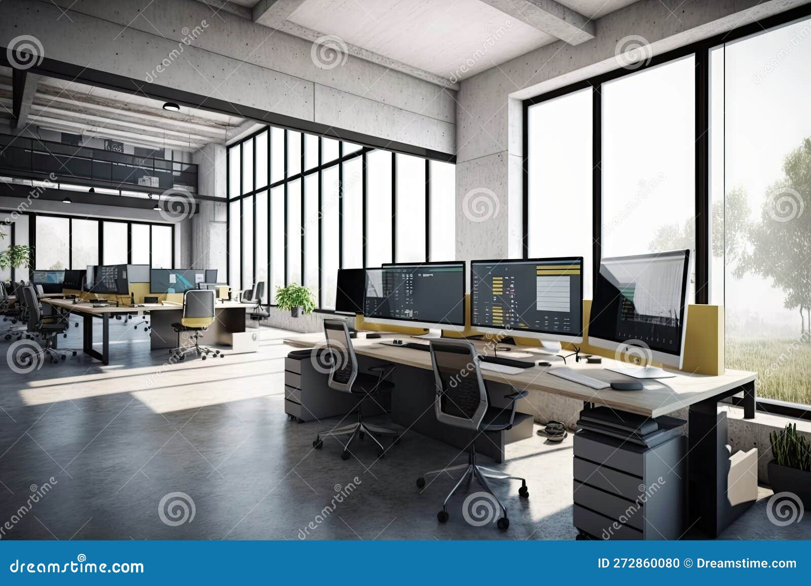 Bright Office with Large Panorama Window and Lined Up Standing Tables ...