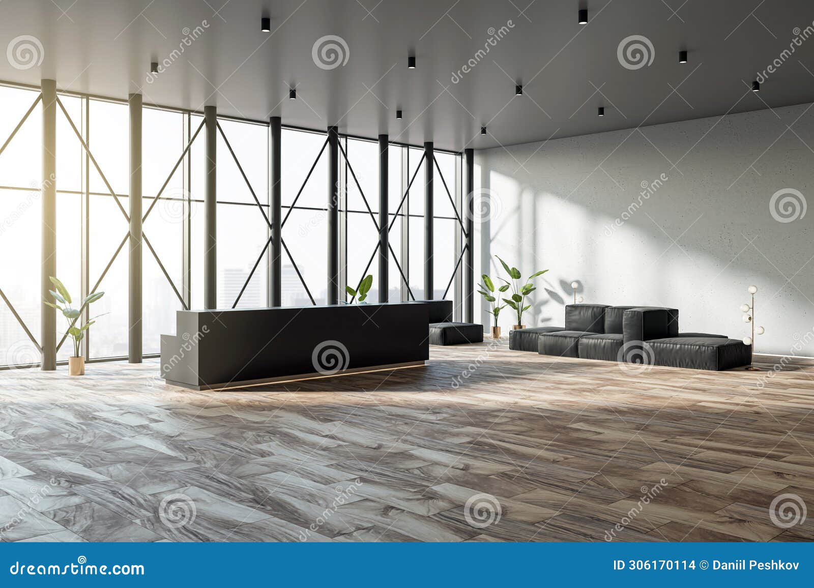 Bright Office Lobby with Reception Desk and Dynamic City Views. 3D ...