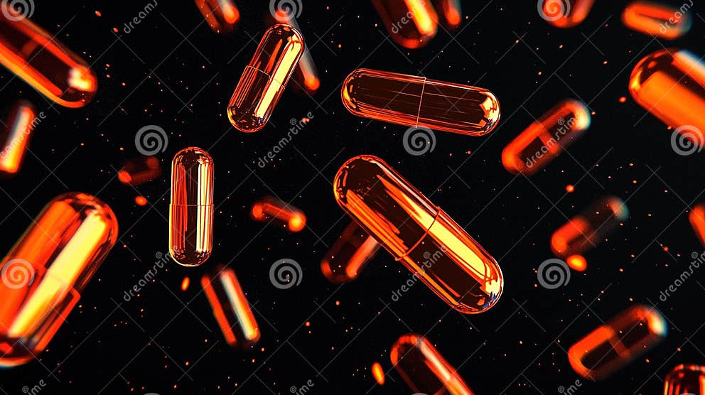 Bright Orange Capsules Floating in Space Against a Dark Background ...