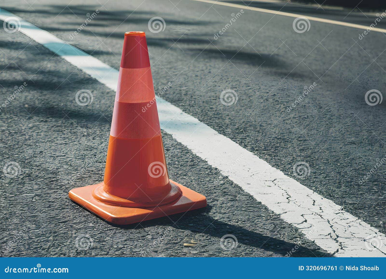 Bright Orange Cone by White Dashed Line on Sunny Asphalt Road Roadwork ...