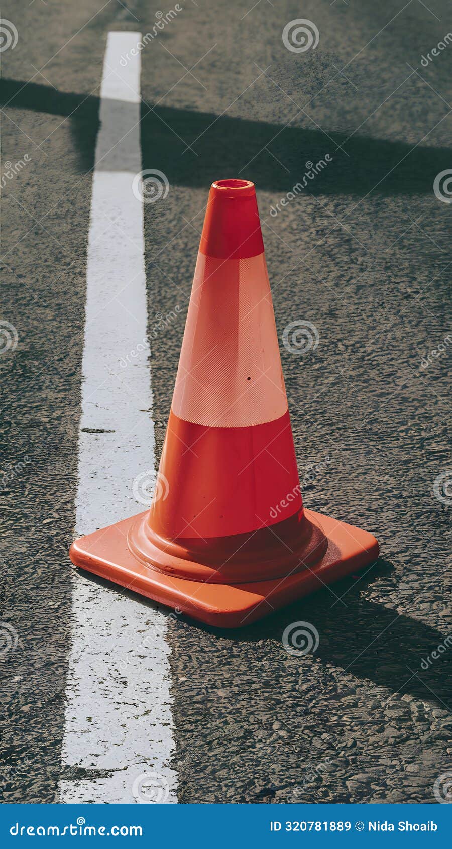 Bright Orange Cone by White Dashed Line on Sunny Asphalt Road Roadwork ...