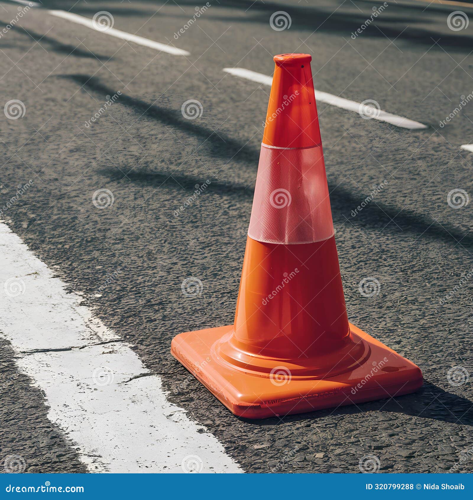 Bright Orange Cone by White Dashed Line on Sunny Asphalt Road Roadwork ...