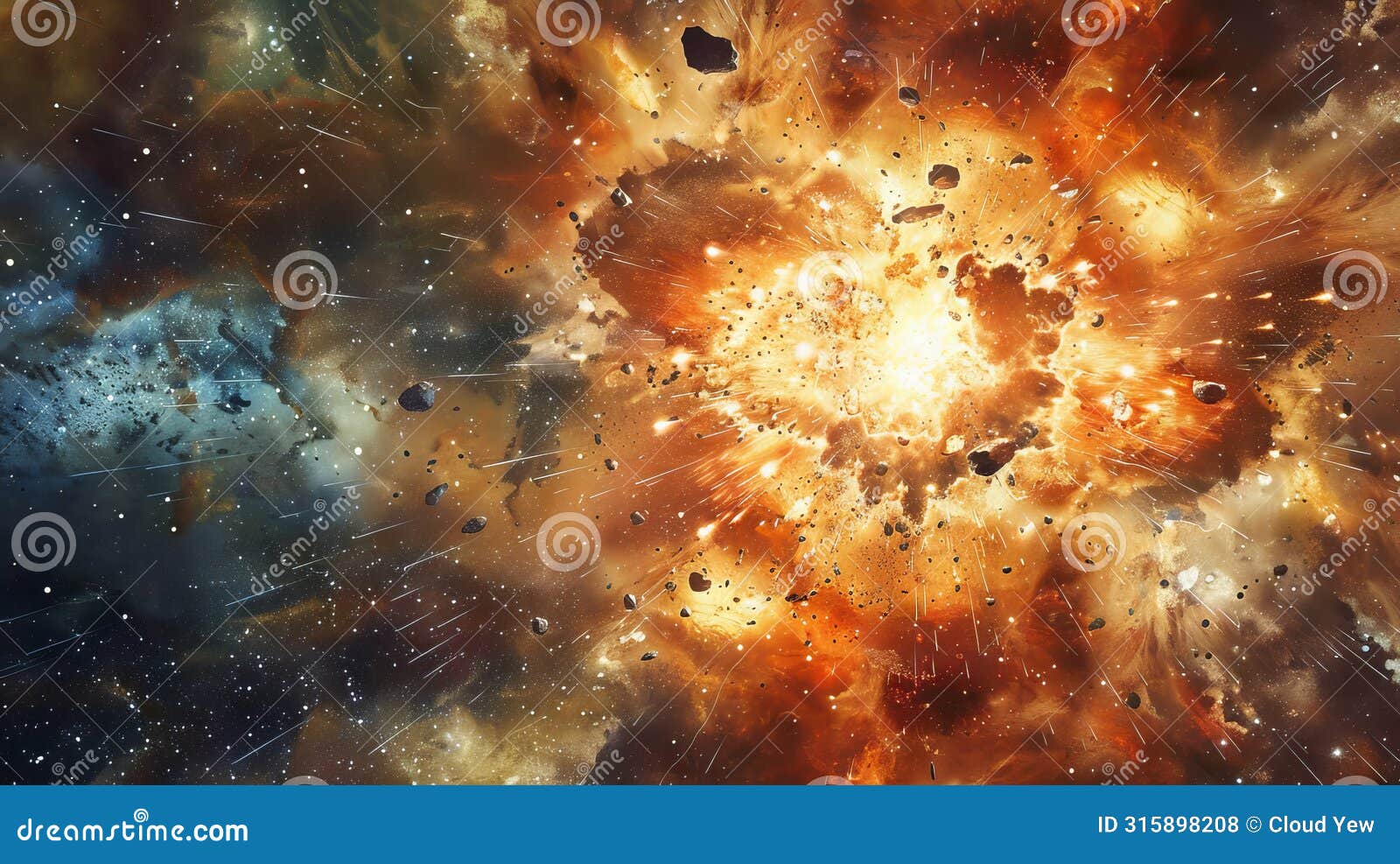 A Bright Orange Explosion in Space with Many Rocks and Debris Stock ...