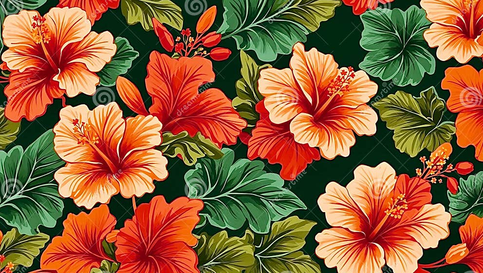 A Bright Orange Hibiscus Pattern on a Green Background. AI Generated ...