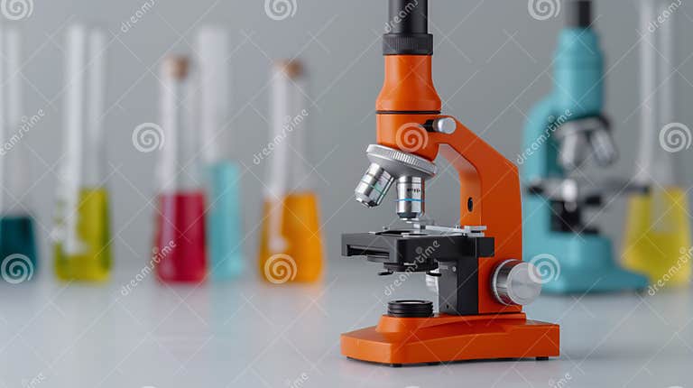 A Bright Orange Microscope Sits on a White Surface in a Lab Setting ...
