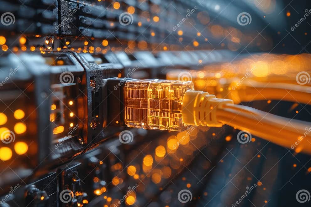 Network Cables Connected To a Server Rack with Glowing Lights ...