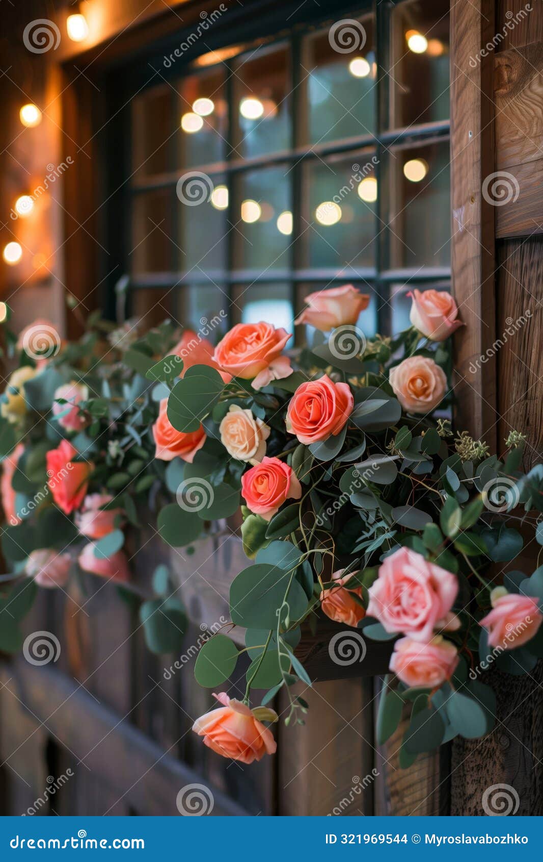 Bright Orange Roses Decorate a Wooden Window. Stock Illustration ...