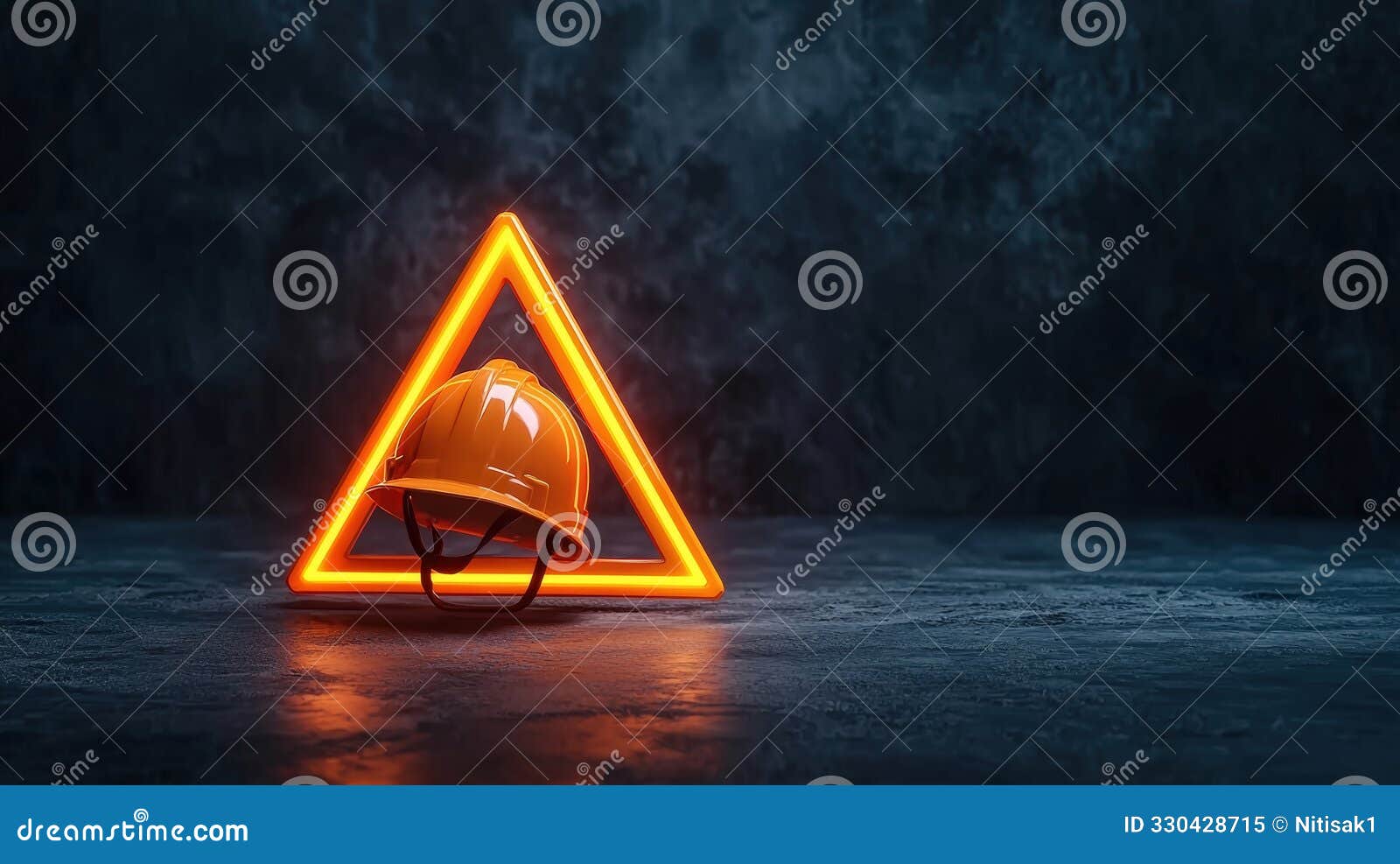 A Bright Orange Safety Helmet Rests Inside a Glowing Triangular Caution ...
