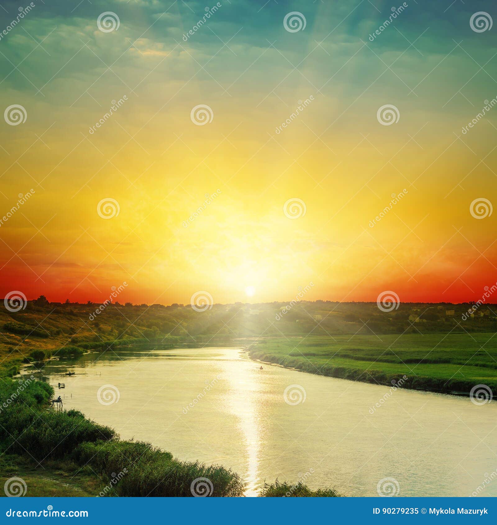 Bright Orange Sunset Over River Stock Image - Image of background ...