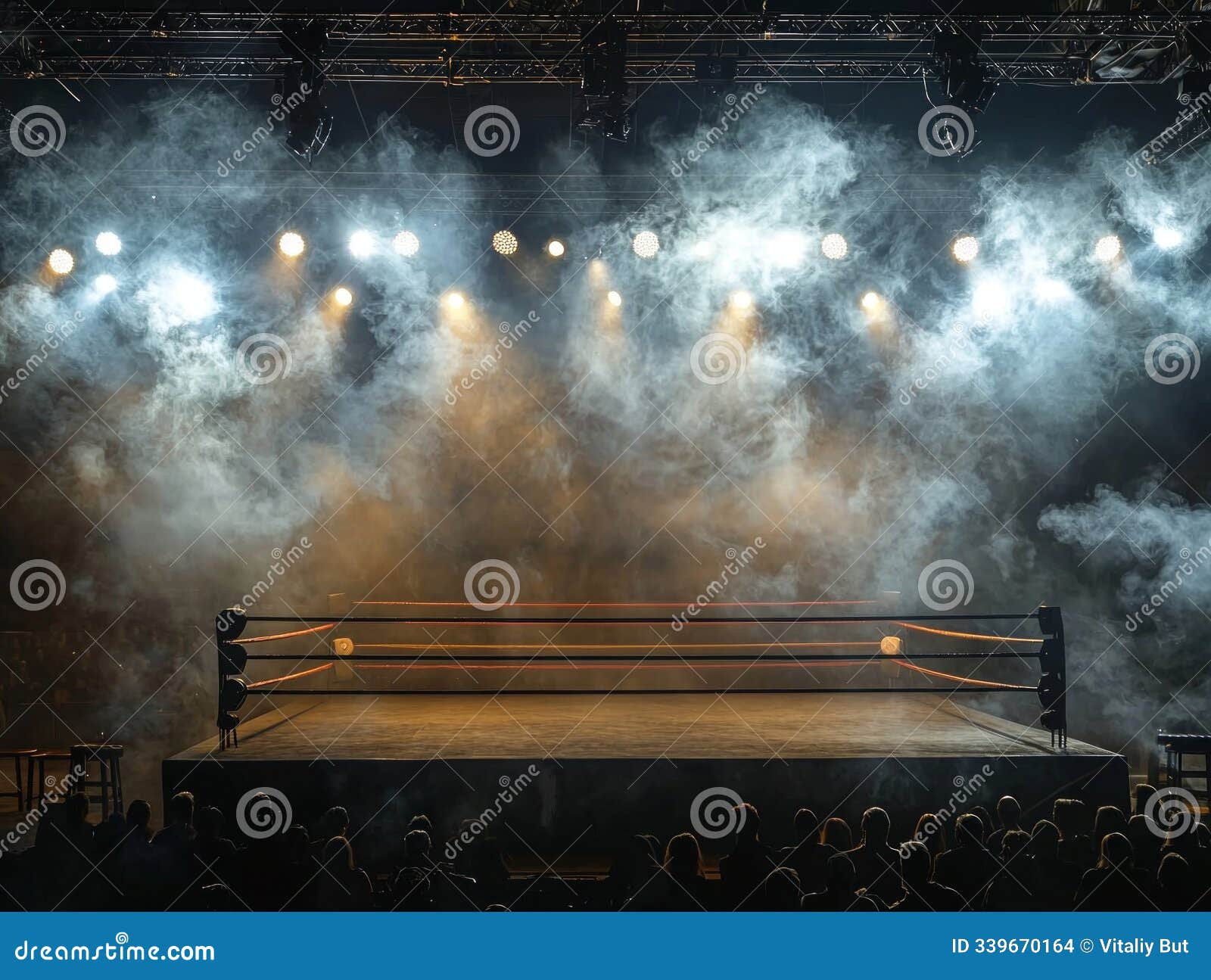 Bright Overhead Lights Shine Down on an Empty Boxing Ring Veiled in ...